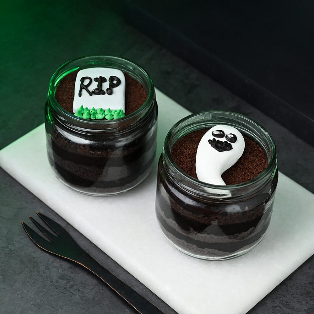 Buy Two Graveyard Chocolate Jar Cakes-Rip Ghost Jar Cakes